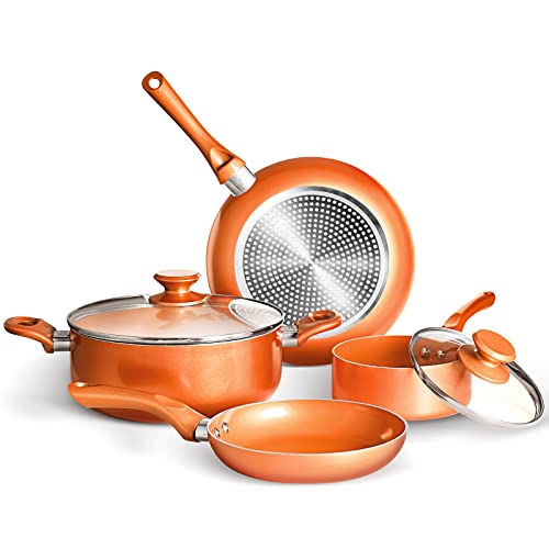 6-piece Non-stick Cookware Set Pots and Pans Set for Cooking - Ceramic Coating Saucepan, Stock Pot with Lid, Frying Pan, Copper