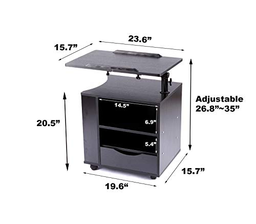 SIDUCAL Multi-Functional Wooden Bedside Table Height Adjustable & 360 Rotation Table top Rolling Laptop Desk Computer Table,Nightstand with Drawers, Black (Right Side) …
