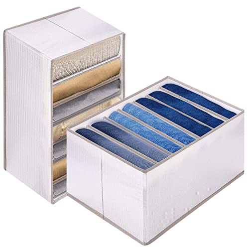 2 Pcs Wardrobe Clothes Organizer with Support Board- Foldable Mesh Closet Storage Large 7 Grids Divider Drawer Organizers Washable Compartment Box for Jeans T-shirt Pants Legging (L-7Grids), White