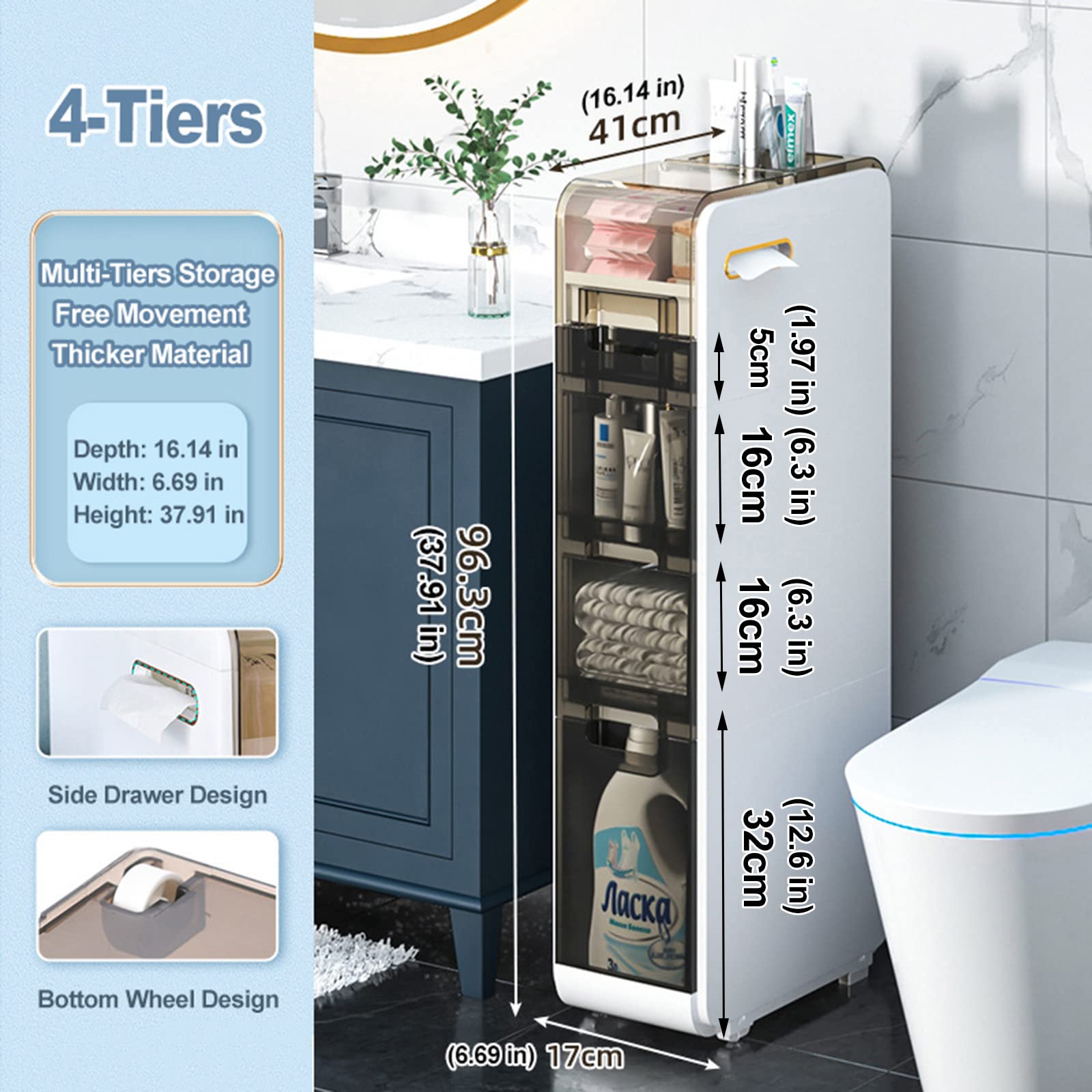 4-Tiers Bathroom Floor Storage Cabinet Narrow Slim Tall Movable Towel Organizer Side Freestanding Rolling Unit with Clear Drawers for Small Space Laundry Living Room Gap
