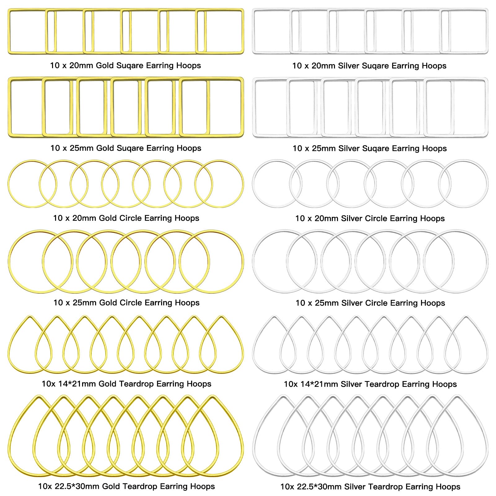 120Pcs Earring Hoop Jewelry Making 3 Shapes Earring Finding Hoop Hypoallergenic Teardrop Square Round Circle Hoop Earring Bulk Open Bezel Pendant Frame for DIY Earring Making Supplies(Gold Silver)