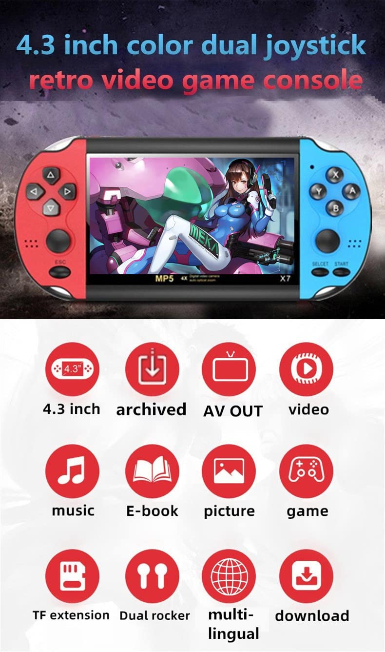 4.3 inch Dual Joystick Color Video Game Console Built-in 3000 Games Support Arcade CPS/gba/gbc/gb/SFC/fc/sega Video Music AV Out Rechargeable Lithium Battery (Blue)
