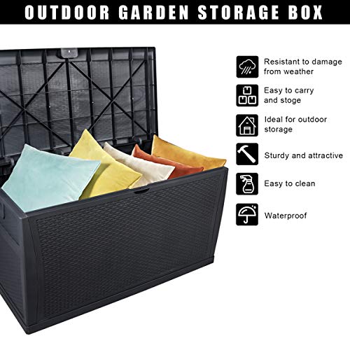 120 Gallon Large Resin Deck Box, Outdoor Organization Storage Container, Garden Storage Chest Lockable Seat for Patio Furniture, Tools (Black)