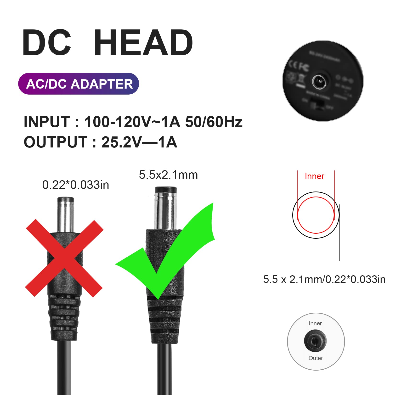24V 1A Massage Gun Charger ,DC 24V or 25.2V 1A Massage Gun Power Cord Muscle Blaster Massage Gun Charger