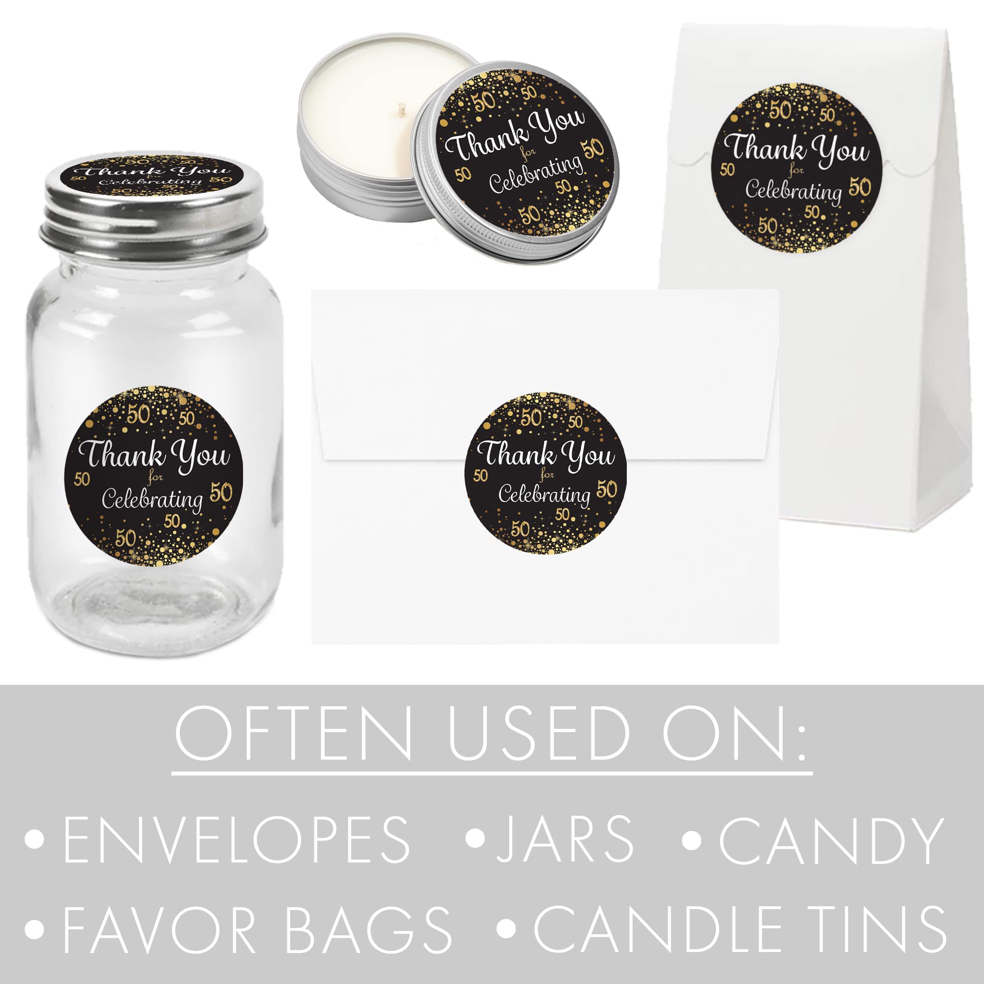 Black and Gold 50th Birthday Thank You Stickers - 1.75 in - 40 Labels