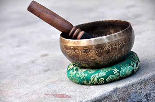 4" Mantra Carved Buddha Tibetan Singing Bowl, Hand Hammered Nepal Yoga Singing Bowls with "Om Tingsha"Cushion & Mallet Striker