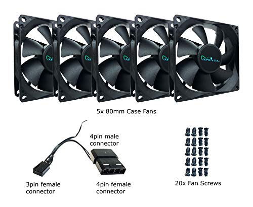 Apevia AF58S-BK 80mm 4pin Molex + 3pin Motherboard Silent Black Case Fan - Connect to Power Supply or Motherboard (5-pk)