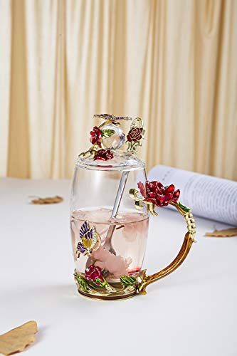 Flower Teacup Transparent Glass Teacup, (With Spoon + Lid) , Fancy Tea Cups , Flower Tea Cup,Tea Cup Gift, Gifts for Women,Mother's Day Present,Gift Box. (Rose Red High Cup)