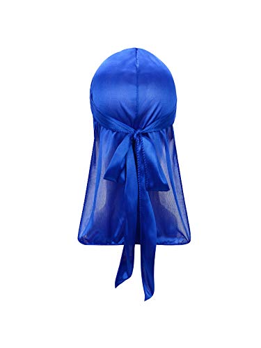 Century Star Kids Silky Satin Durags Head Wrap Silk Durag for Baby Boy Girls Wave Cap Wide Strap Long Tail Turban Beanies Black& Royal Blue