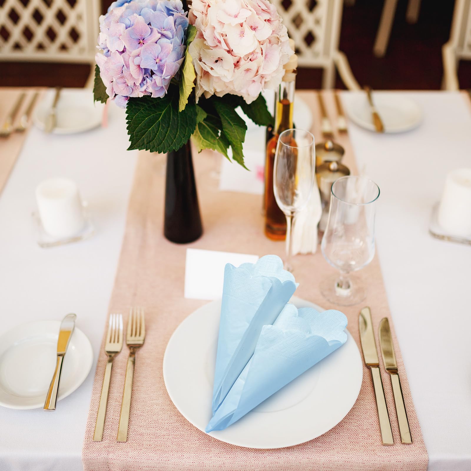 100 Pcs Scalloped Cocktail Napkins Thick Paper Napkins Disposable Party Napkins Beverage Napkins for Wedding Dinner Birthday Supplies, 5 x 5 Inches (Light Blue)