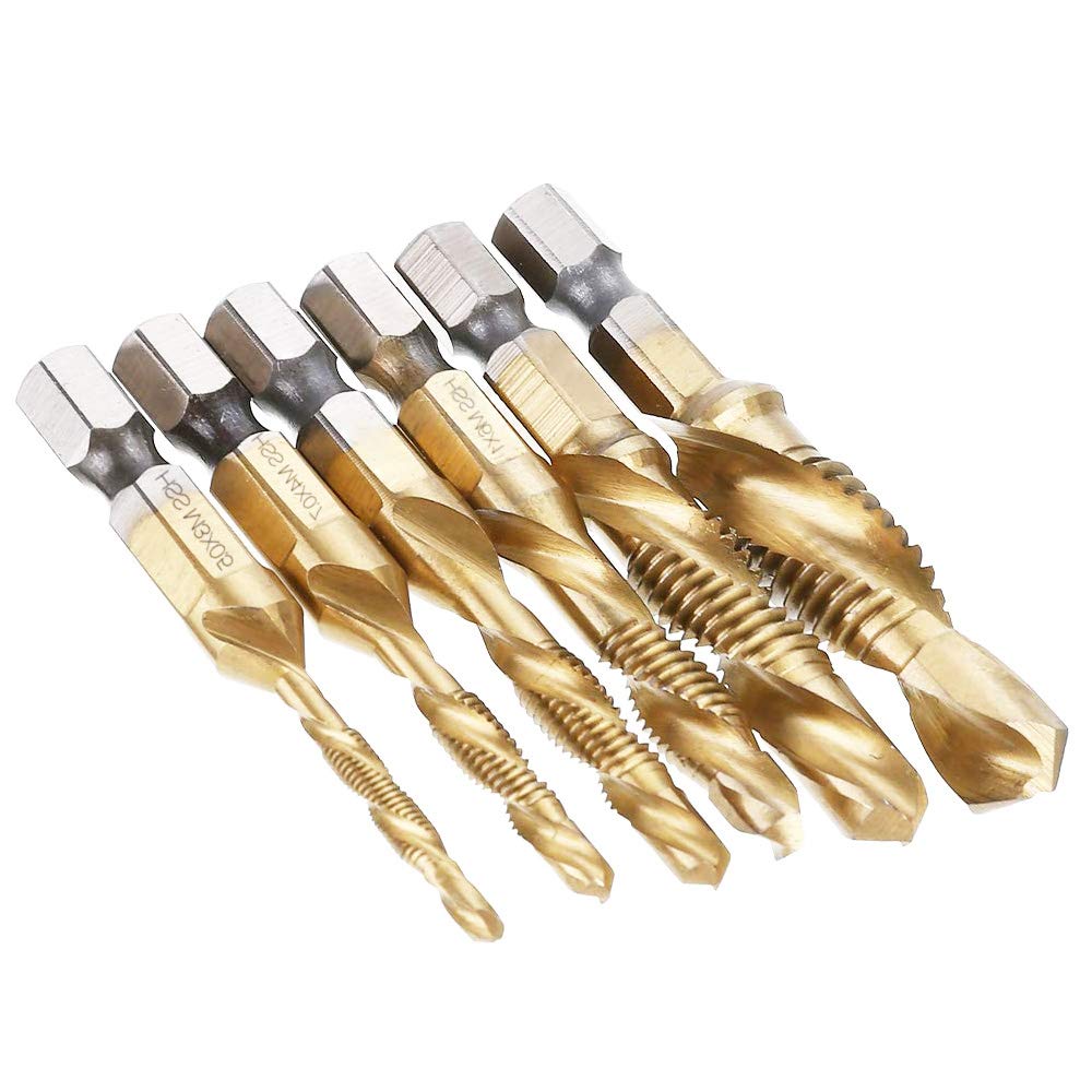 Eyech 6Pcs Titanium Combination Drill and Tap Bit Set, Metric Drill Tap Bits Screw Tapping Bit Tool 1/4" Hex Shank 3 Functions in 1
