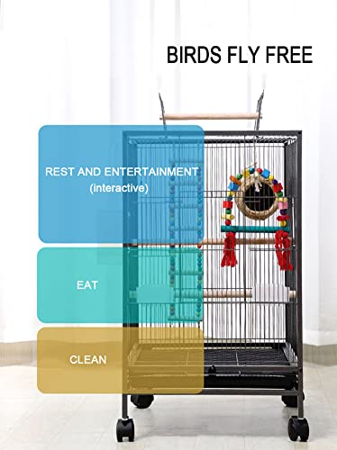 33 Inch Wrought Iron Bird Cage with with Play Open Top and Rolling Stand for Mid-Sized Parrots Cockatiels Sun Parakeets Green Cheek Conures (White)
