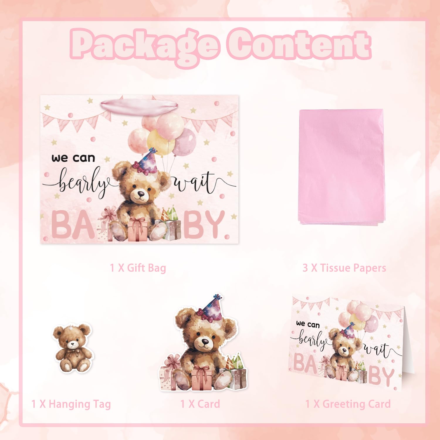 16" Large Baby Girl Gift Bag, 3D Making Pink Bear Baby Gift Bag with Handle, Tissue Paper and Greeting Card