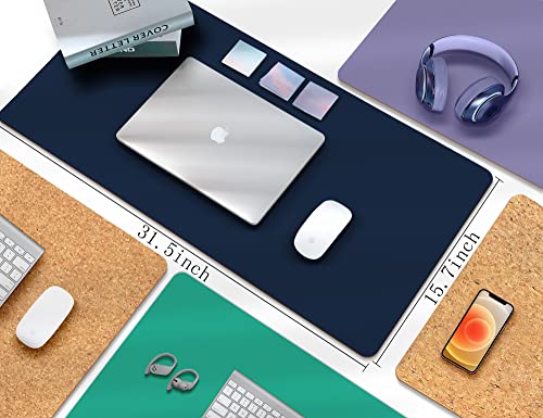 Aothia Office Desk Pad, Natural Cork & PU Leather Dual Side Large Mouse Pad, Laptop Desk Table Protector Writing Mat Easy Clean Waterproof for Office Work/Home/Decor (Dark Blue,31.5" x 15.7")
