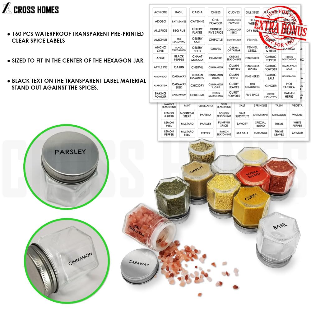 30 Set Magnetic Spice Jars for Refrigerator Hexagon Glass Spice Jars with Magnetic Lids, Shaker, Spice Labels, Magnetic Glass Spice Containers for RV Travel Trailer Kitchen Fridge Cabinet Wall mount