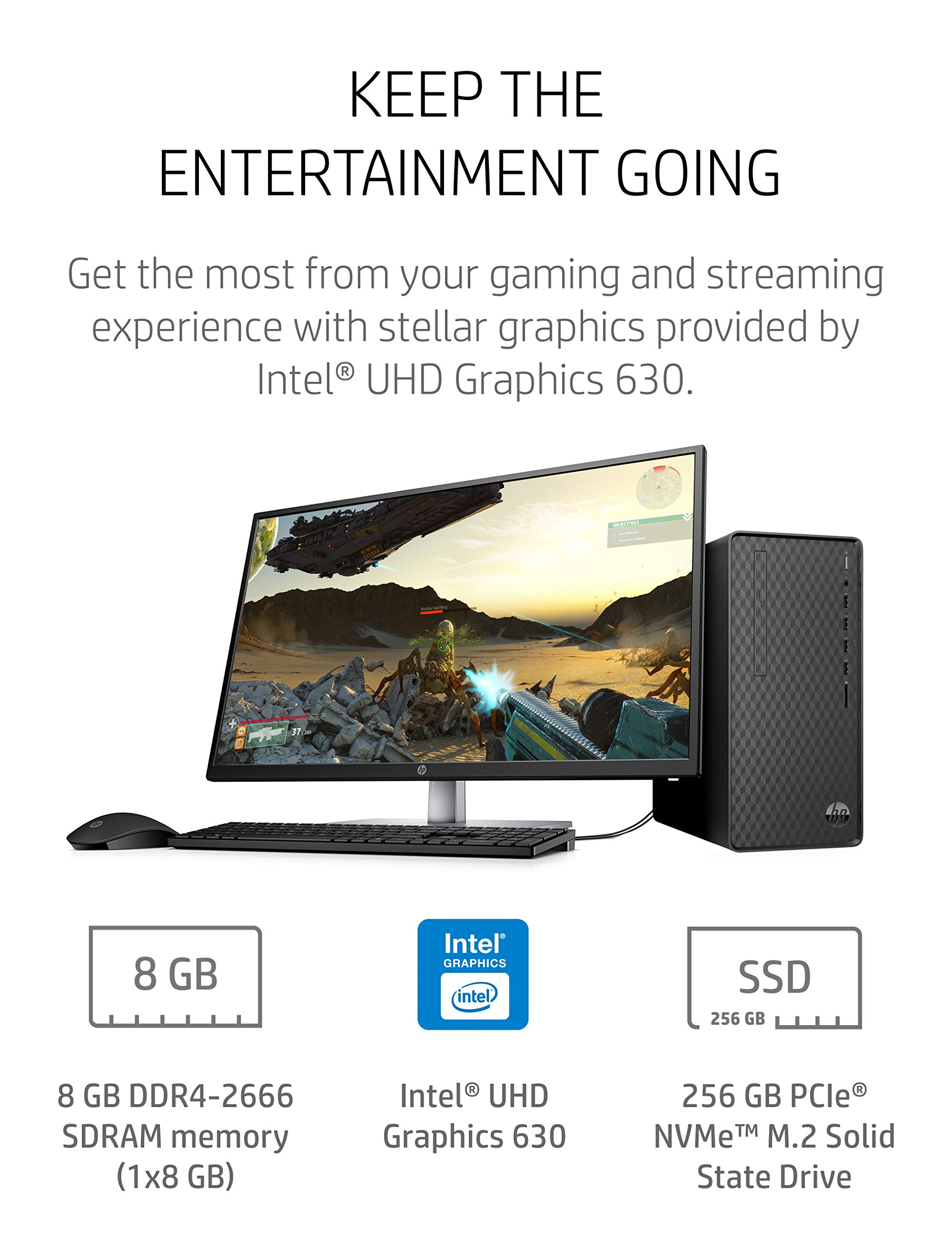 HP Desktop PC, Intel Pentium Gold G6400 Processor, 8 GB of RAM, 256 GB SSD Storage, Windows 10 Home, High-Speed Performance Computer, 8 USB Ports, Business, Study, Videos, & Gaming (M01-F1014, 2020)