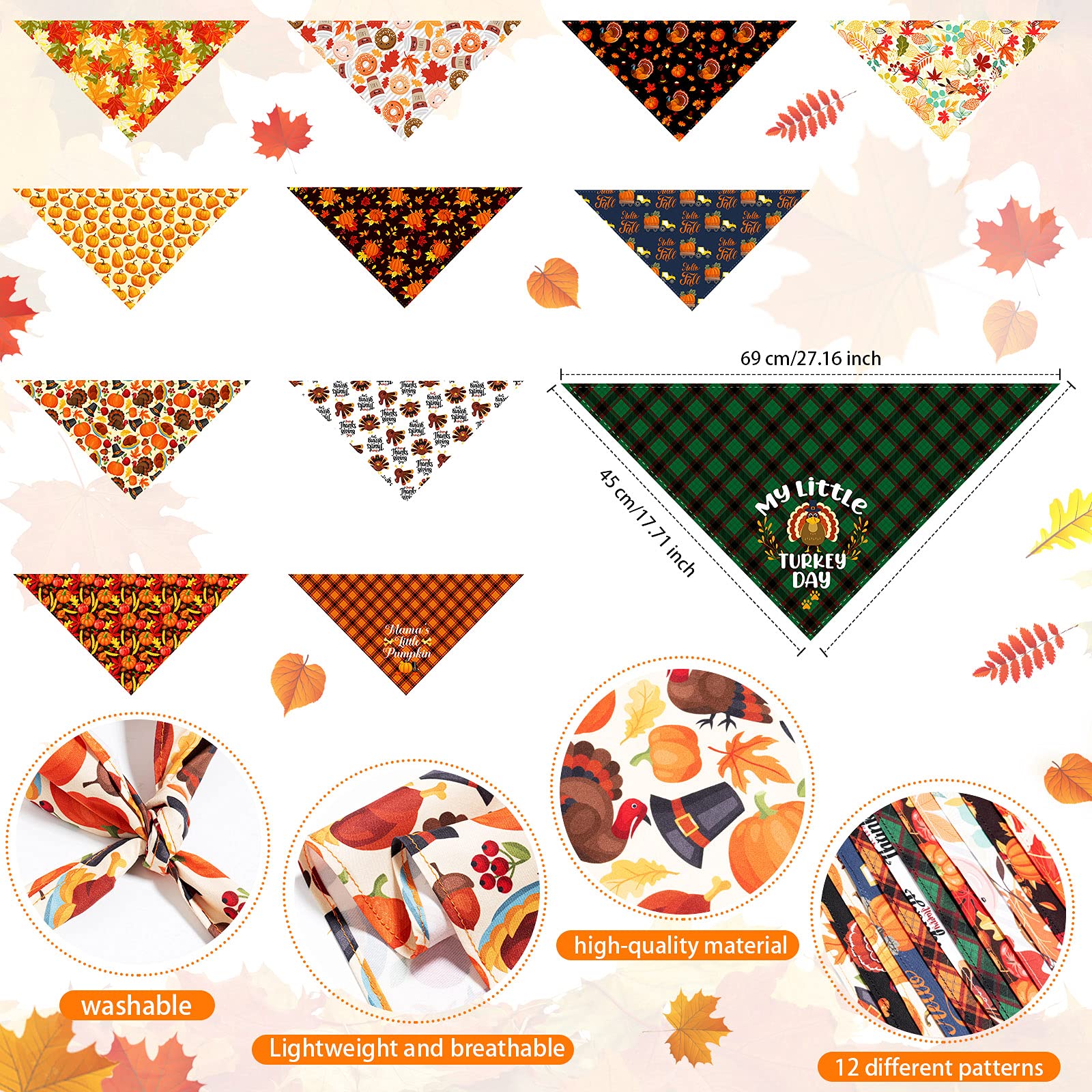 12 Pieces Thanksgiving Pet Bandana Fall Dog Bandanas Dog Fall Clothes Accessories Maple Leaf Pumpkin Patterned Autumn Pet Triangle Scarf Bibs for Large Small Dog Kerchief Cat Pet Fall Outfit Washable