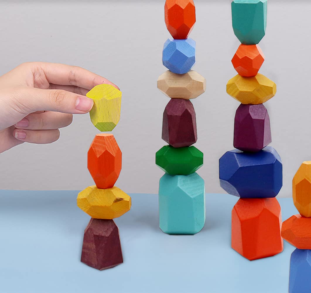 40 PCS Wooden Rocks Balance Stones Building Blocks Set, Colored Wood Balancing Stone Stacking Game, Lightweight Natural Educational Preschool learning Large Small Puzzle Toy for Kids (40PCS-2)