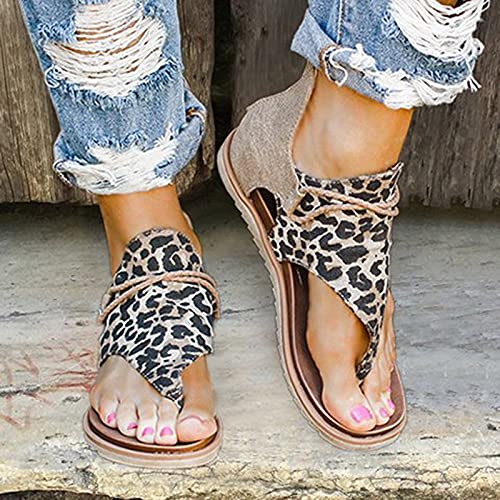 Bomden Womens Sandals, Flat Sole, Leopard Printed, Back Zipper, Summer Clip-Toe Shoes Comfy Sandals Flats Casual Beach Plus Size Flops Slippers Shoes, Khaki, Size:39 US:8 Foot Length:24.5cm9.65 inch