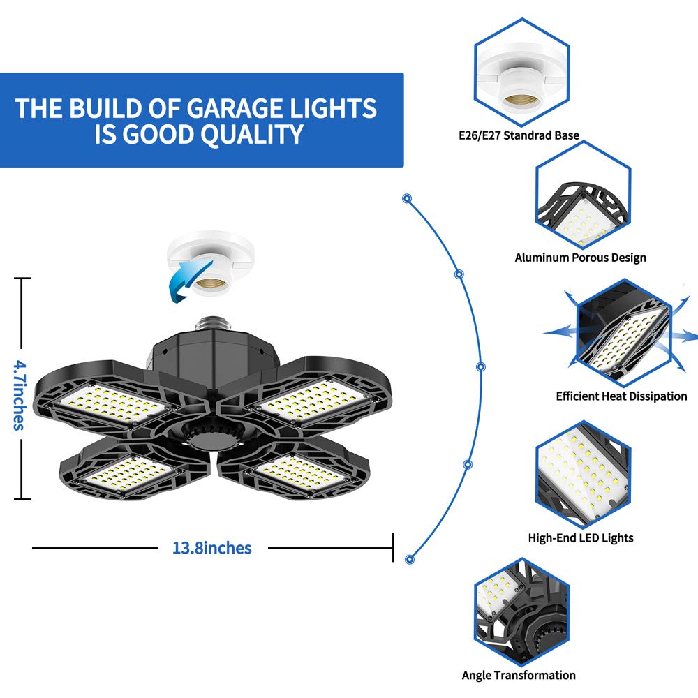 120W Garage Lights,Super Bright 12000LM LED Workshop Garage Lighting White 6500K with 4 Deformable Panels,E26/E27 Garage Ceiling Lighting for Garage,Warehouse (Standard Socket as a Gift)