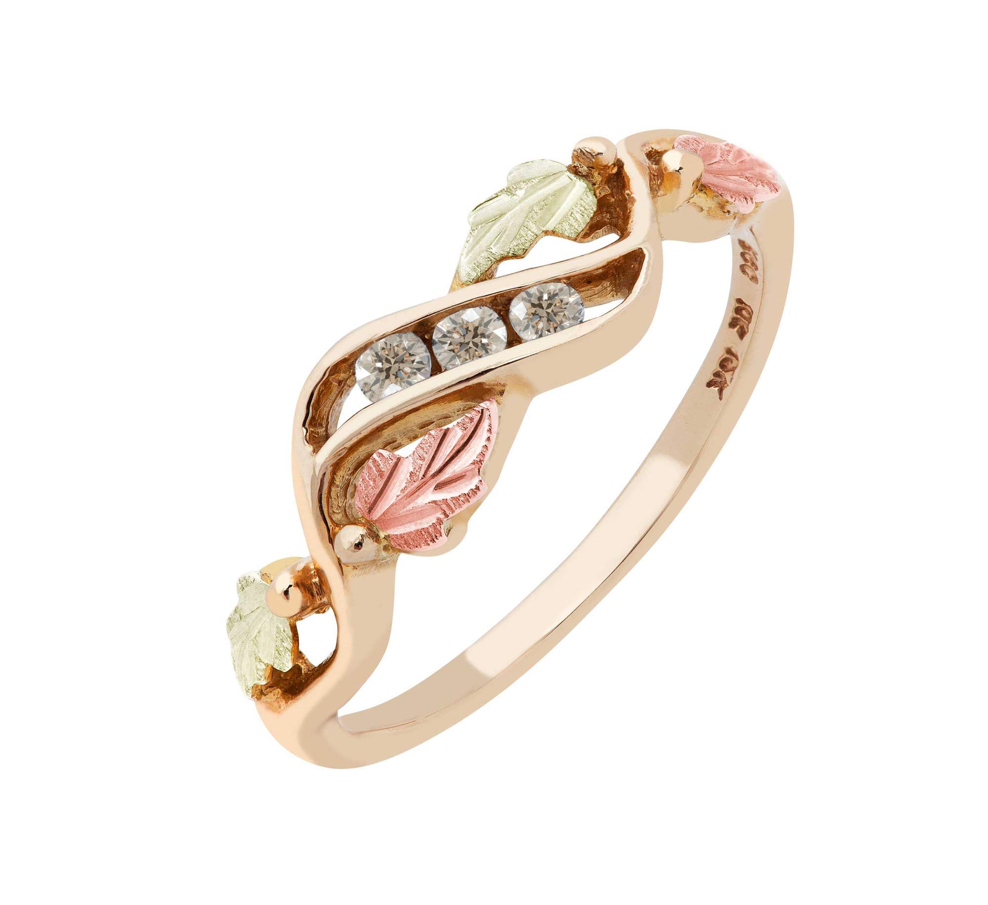 10k Yellow Gold 3-Stone Diamond Ring, 12k Rose and Green Black Hills Gold (.10 Ctw, Top Light Brown) Size 10