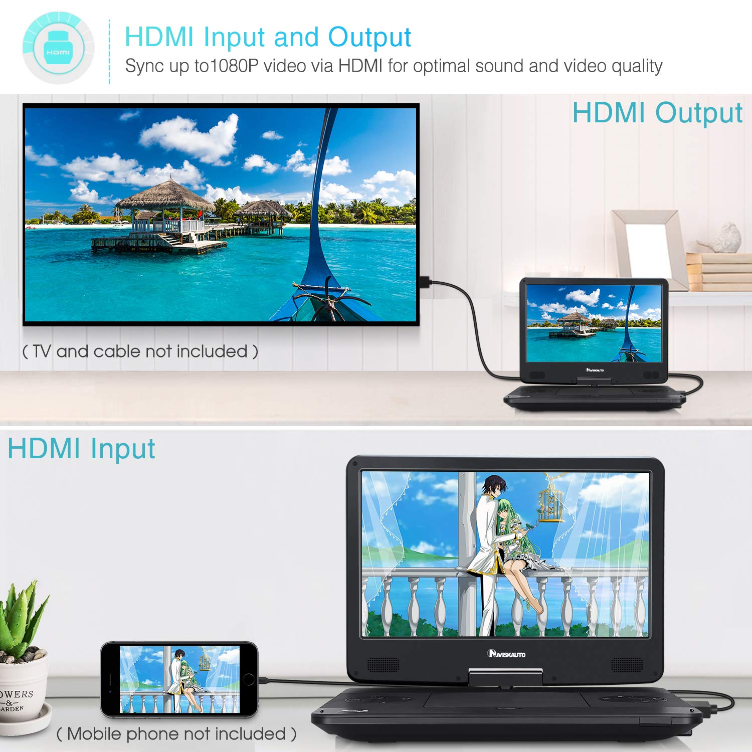 14 Inch Portable Blu-Ray DVD Player for Car Full HD 1080P with HDMI Output and Input, Dolby Audio, 3-Hour Rechargeable Battery, AUX Cable, Support USB and SD