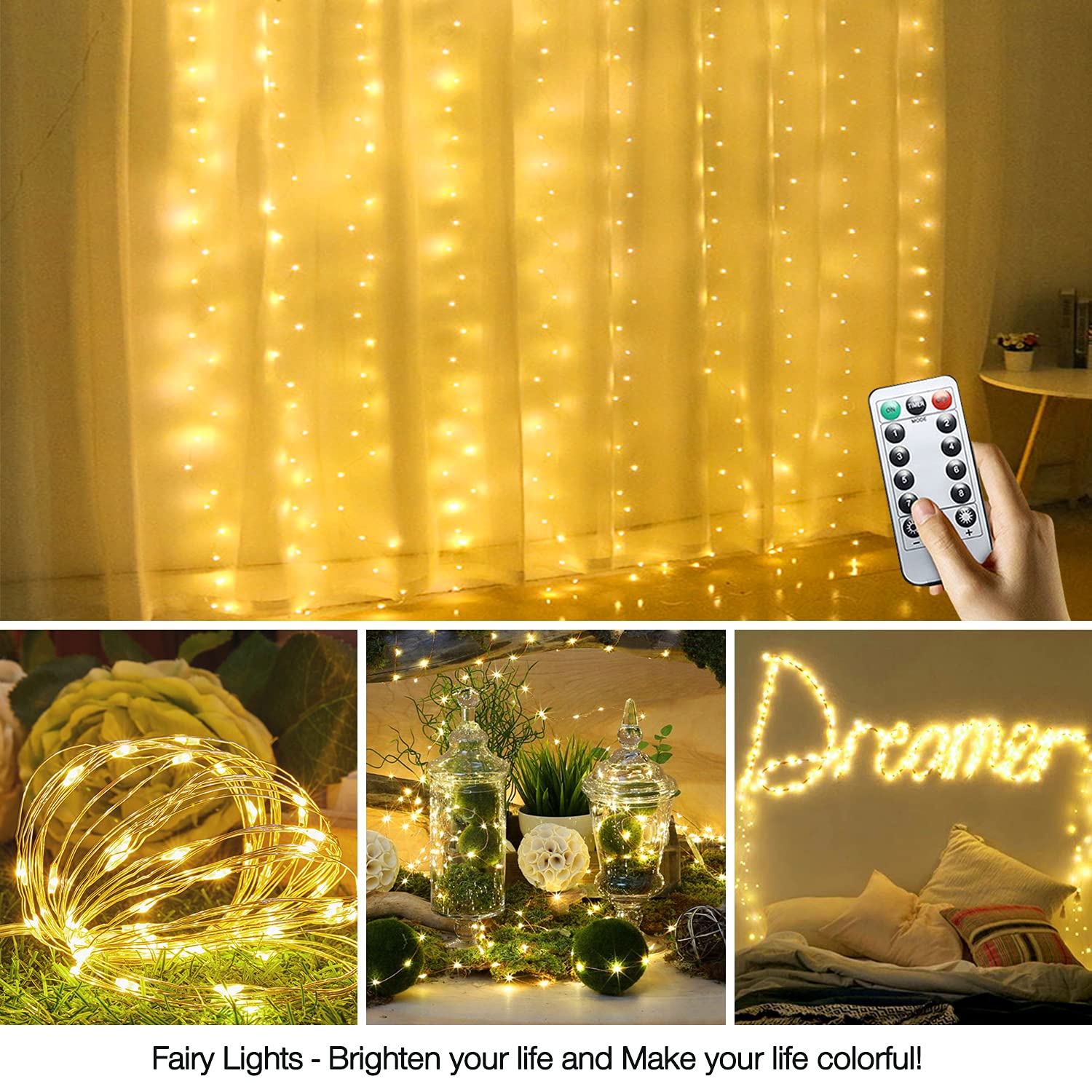 300 LED Curtain String Light with 24 Pcs 180 Feet Fake Vines Artificial Ivy and 50 Pcs Invisible Wall Vines Fixing Clips for Wedding Party Home Garden Bedroom Wall Decorations