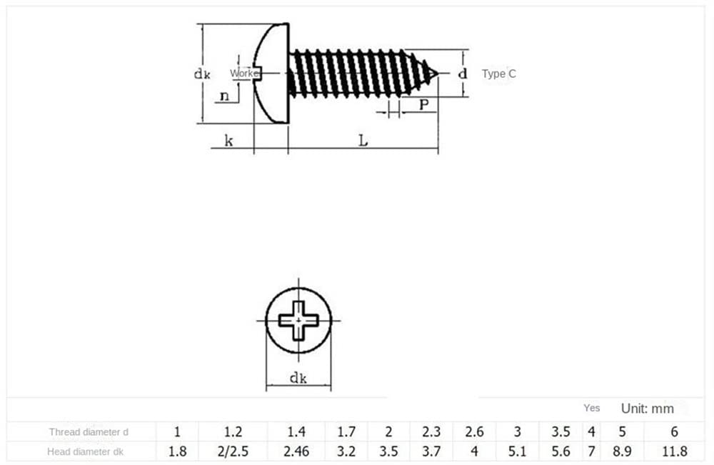 1000pcs Self Tapping Screws M1 M1.2 M1.4 M1.5 M1.7 M2 M2.3 M2.6 M3 Small Pan Head Laptop Screws Computer Screw Black Wood Screws (Color : 16mm_M2)