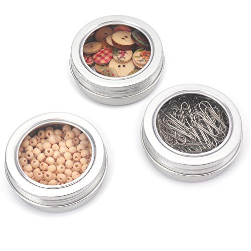 Foraineam 40 Pack 2 Ounce Round Tin Cans Metal Empty Tins Silver Aluminum Kitchen Office Travel Storage Containers with Clear Screw Top Lids