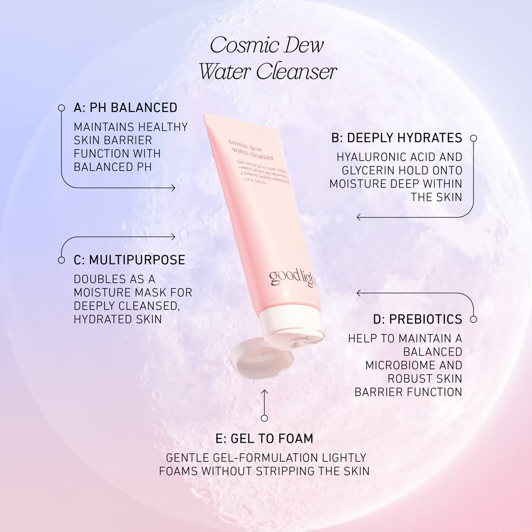 good light Cosmic Dew Water Cleanser. Celestial Gel-to-Foam, Multi-Purpose Cleanser to Remove Impurities and Hydrate. Made with Glycerin and Hyaluronic Acid. Sensitive Skin Safe (3.38 fl oz)