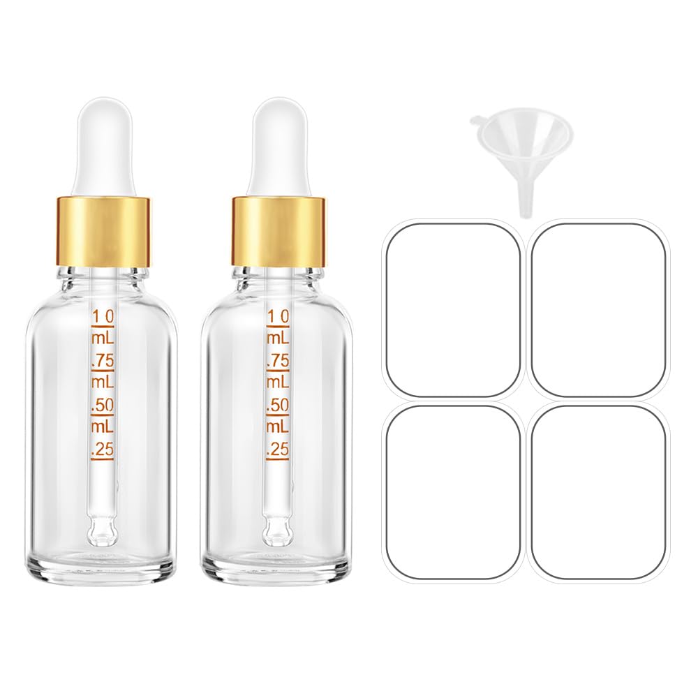 Bumobum Dropper Bottle Clear 1 oz, 30 ml Glass Dropper Bottles with Measurement and Golden Top Cap for Essential Oils, 2 pack Tincture Bottle with Labels and Funnel