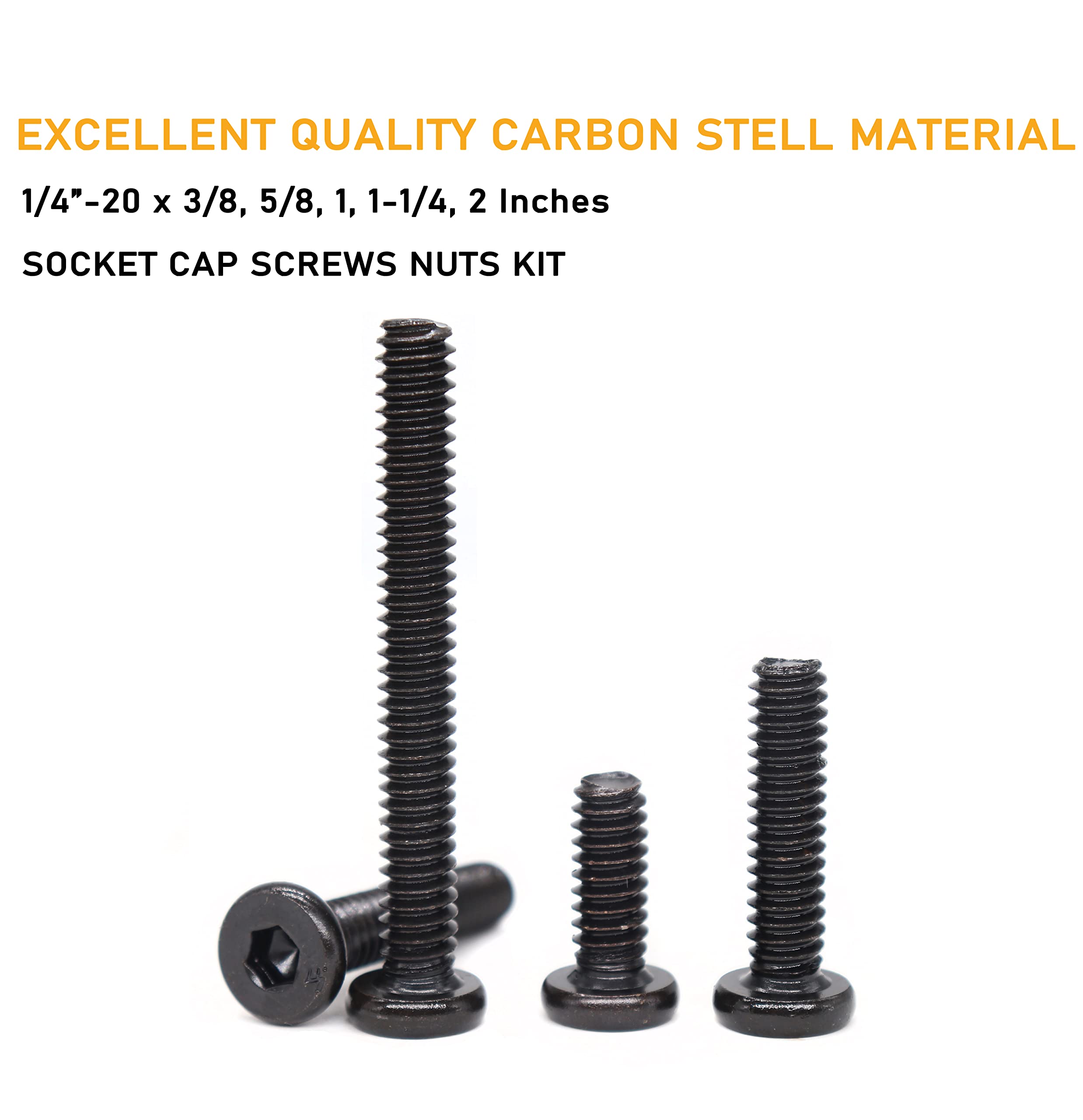 binifiMux 80pcs 1/4"-20 Black Hex Socket Cap Screws and 1/4"-20 Hex Nuts Assortment Kit, 3/8" 5/8" 1" 1-1/4" 2"