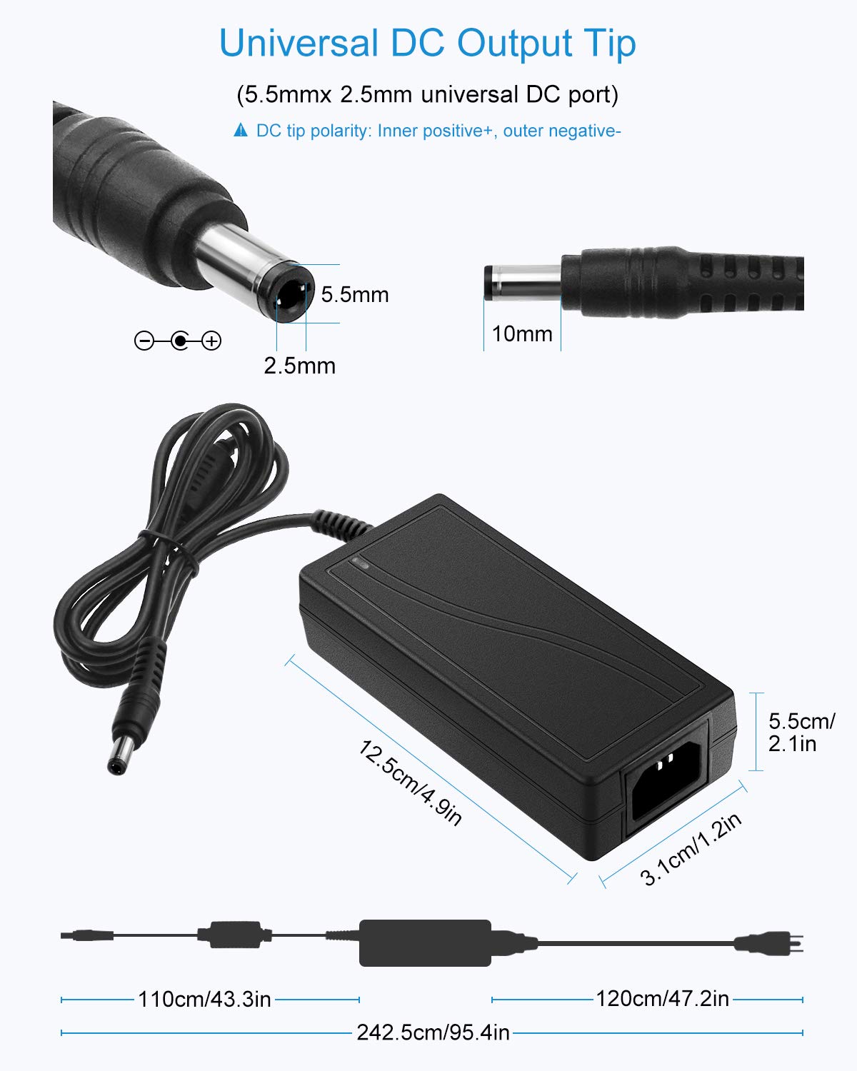 ALITOVE 12V Power Supply 6A 72W AC to DC Adapter 100~240V AC to DC 12 Volt 6 Amp Converter 12 vdc 6A 5.8A 5.5A 5.2A Transformer 5.5mmx 2.5mm 2.1mm Plug for LED Strip Light CCTV Camera DC Pump Fan