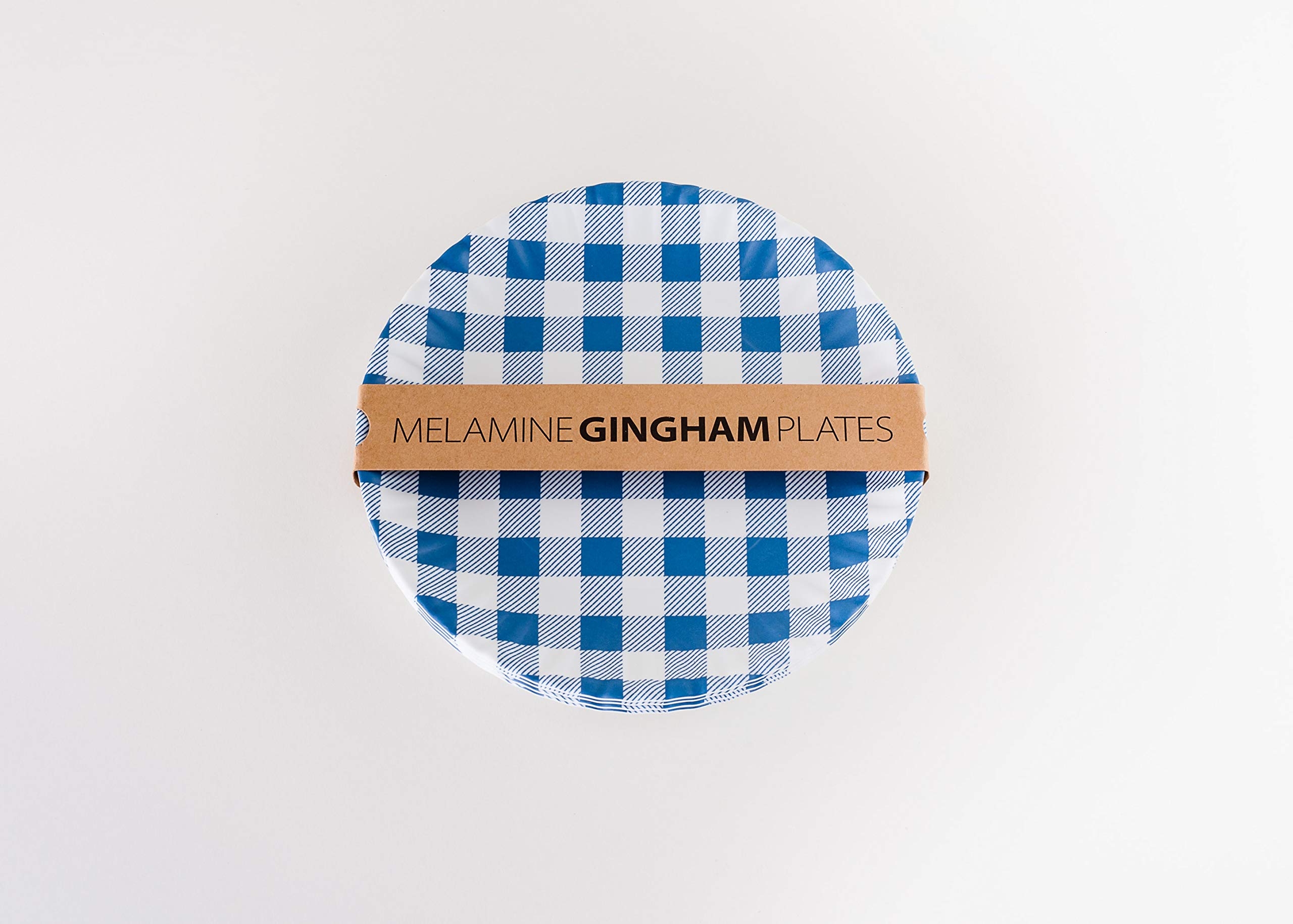180D Reusable Blue & White Gingham Checkered Picnic/Dinner Plate, 9 Inch Melamine, Set of 5
