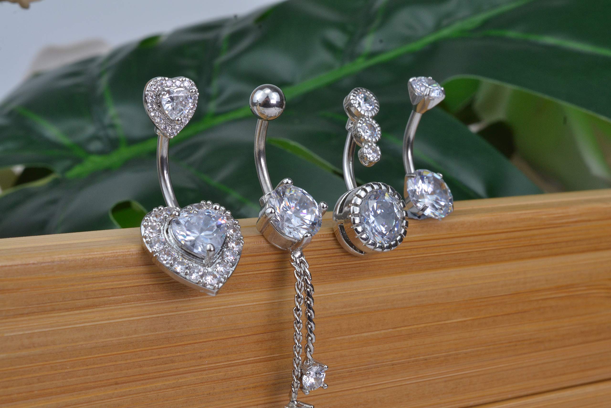 14G Surgical Steel Belly Button Rings Round Love Heart Clear CZ Navel Curved Barbell Studs Sexy Body Piercing (4PCS - Steel)