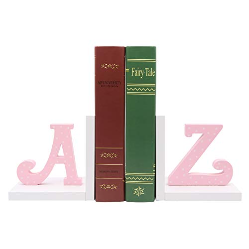 Apol Creative Pink and White Dots A-Z Letter Wood Bookends Book Ends Book Organizers Bookshelf for Kids Study Gift School Office Library Home Desk Decoration