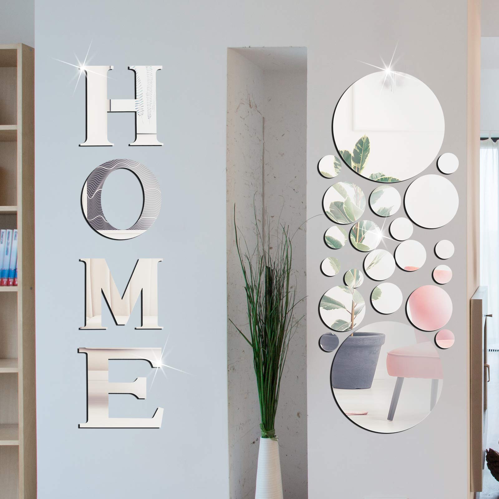 30 Pcs Living Room Wall Decor Home Mirror Wall Stickers Letter Signs DIY Acrylic Mirror Decals 3D Wall Decorations for Home Bedroom Living Room Decor Removable (Silver)
