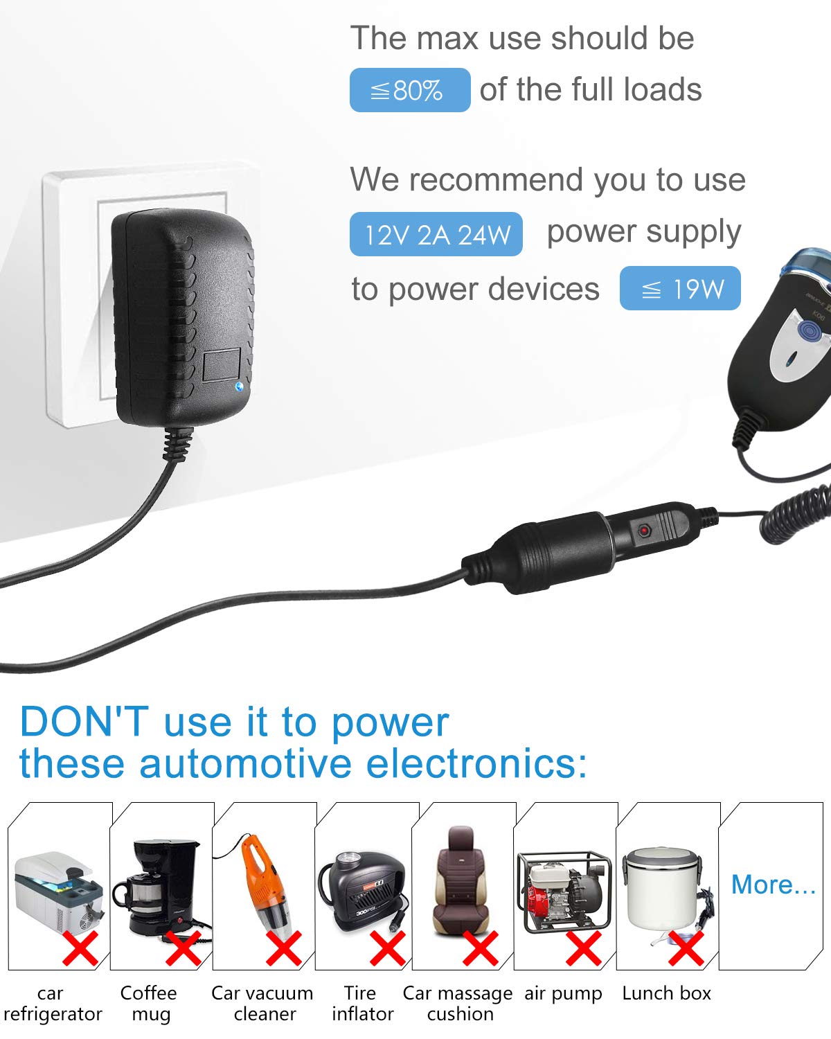 ALITOVE AC to DC Converter 12V 2A 24W Power Supply 110V to 12V Converter AC/DC Adapter with Car Cigarette Lighter Socket 100~240V AC In for Car Shaver MP3/MP4 player Car Dash Cam Bluetooth Transmitter