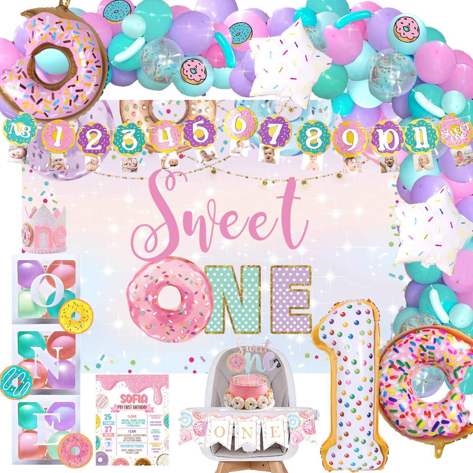 121 PCs Sweet One Birthday Party Decorations, Hombae Donut 1st Party Decorations for Girl Backdrop Balloon Garland Monthly Photo High Chair Banner Cake Topper Box Cutout Poster Crown Patel Colorful