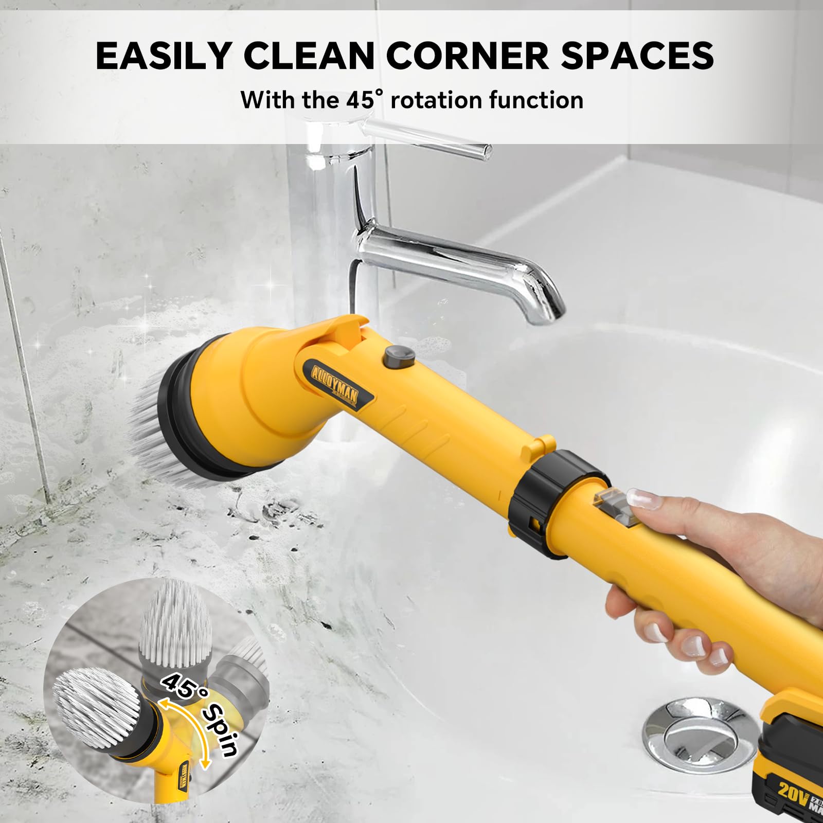 1000RPM Electric Spin Scrubber, 20V Cordless Cleaning Brush with Adjustable Extension Arm, 4 Replaceable Cleaning Heads, Hook and Gloves, 1 Hour Fast Charge, Waterproof - for Bathroom/Tub/Tile/Floor
