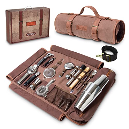 Barillio Bartender Bag Travel Bartender Kit Bag with Bar Tools | Professional 17-Piece Bar Tool Set with Portable Waxed Canvas Bag Including Shoulder Strap for Easy Carry | Travel Cocktail Set……