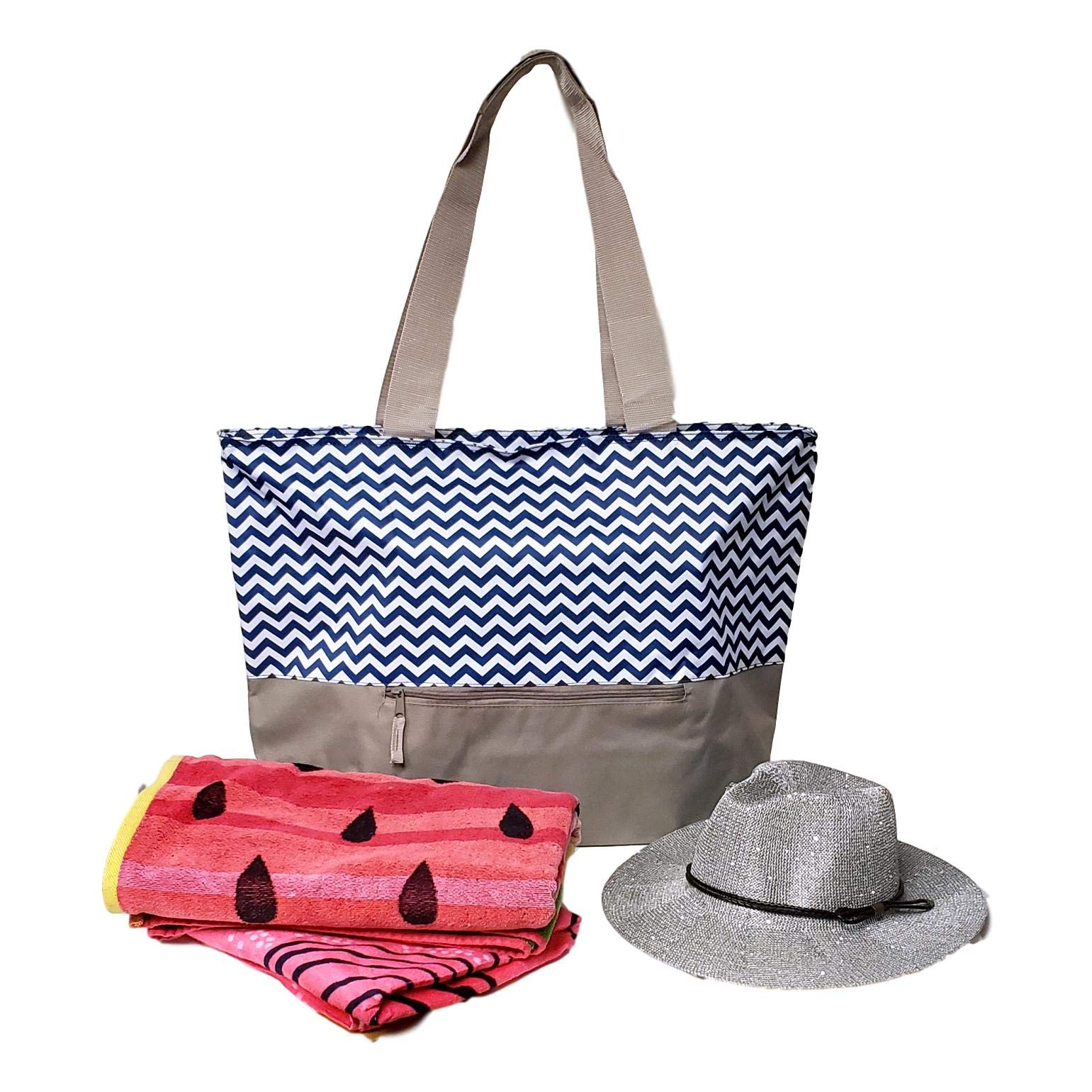 101SNORKEL XL Beach Tote Chevron Print Weekender Bag with Mesh Webbed Handles and Outer Zippered PocketCan Be Personalized (Personalized, Navy Blue)