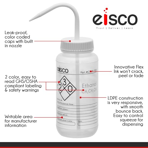 EISCO 6PK Wash Bottle for Ethanol, 500ml - Labeled with Color Coded Chemical & Safety Information (2 Color) - Wide Mouth, Self Venting, Low Density Polyethylene Labs
