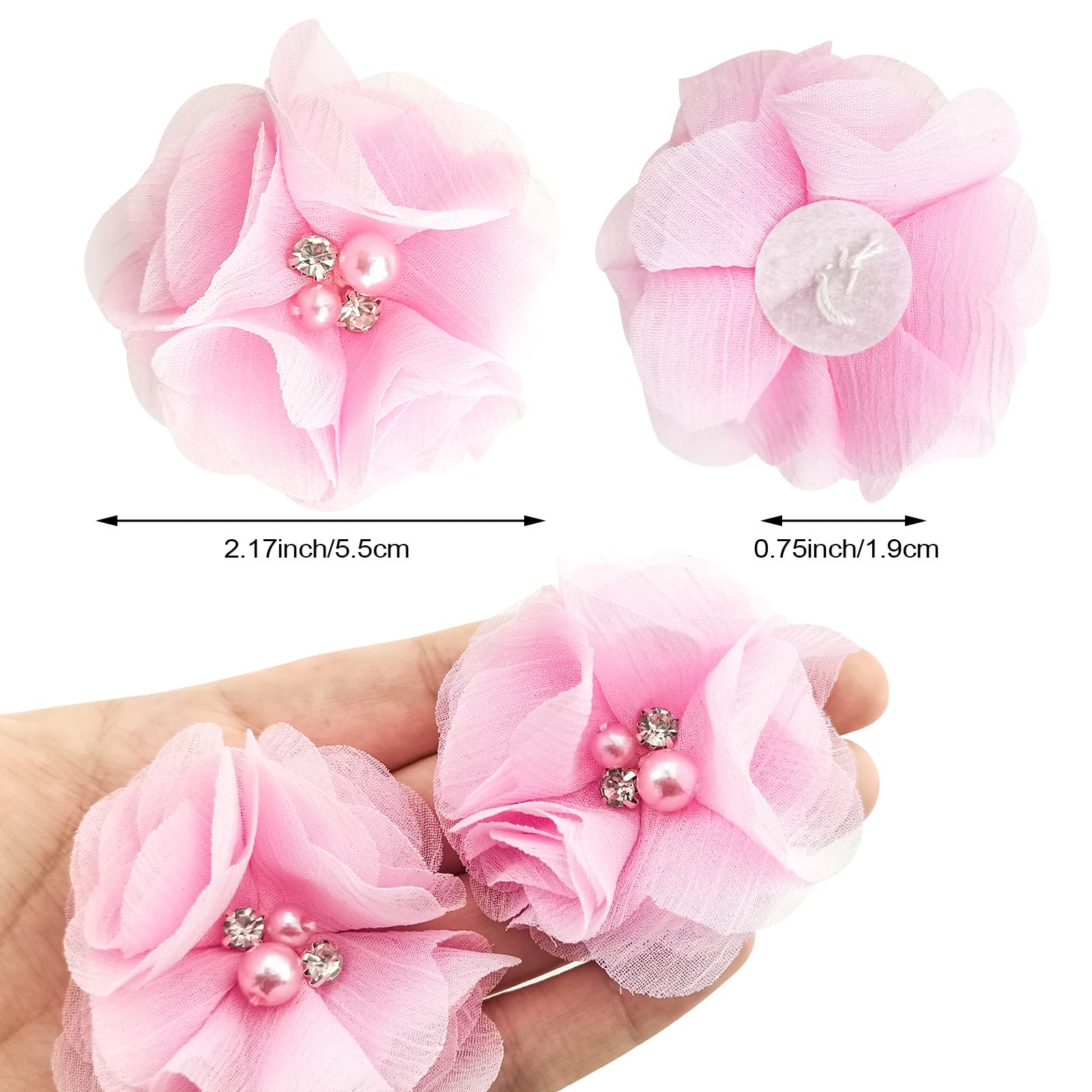 30 PCS Rhinestone Pearl Pink Chiffon Flower Sewing Fabric Appliques for Clothing, Headbands Flower, Crafts, Party Decoration, Sewing Applique