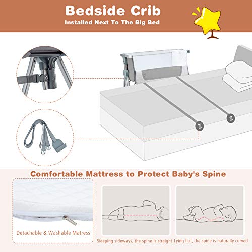 BABY JOY Bedside Bassinet, Portable Baby Crib w/Mattress, Two-Side Breathable Mesh, 7 Height Adjustable, Large Storage, Wheels for Easy Movement, Crib for Newborn Infant, Bassinet for Baby, Grey