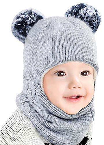 Bienvenu Baby Boy Girl Winter Hat, Kids Earflap Hat with Scarf, Toddler Fleece Beanie Cap Balaclava, Gray
