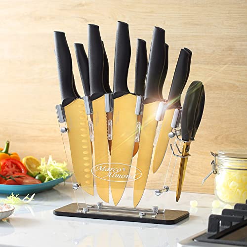 Marco Almond® KYA23 Golden Titanium Knife Set, Kitchen Cutlery Knives Set with Acrylic Stand, Knife Set for Kitchen with Block, For Home & Pro Use, Best Gift, 14 Pieces, Black