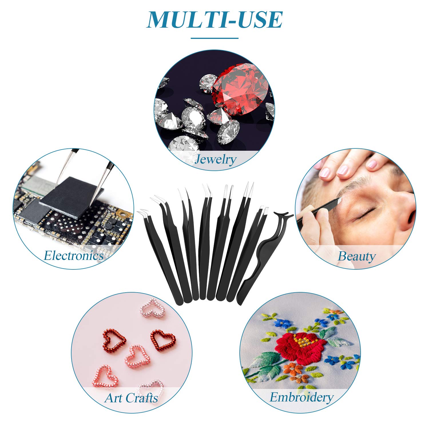 8 Pieces Eyelash Extension Tweezers Set Straight and Curved Tip False Lash Tweezers Eyelash Applicator Tool Stainless Steel Precision Tweezers for Eyelash Extension with Velvet Bag (Black)