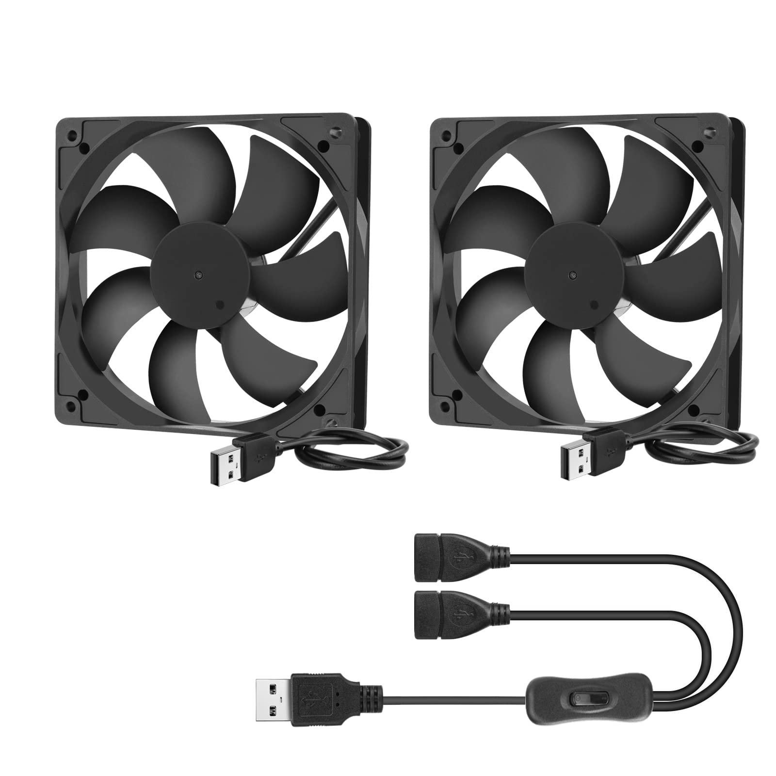 2-Pack 120mm USB Computer Fan with 1 Male to 2 Female Extension Cable with ON/Off Switch for Receiver DVR Playstation Xbox Computer Cabinet Cooling