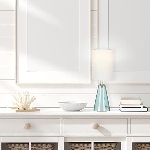 Catalina 22791-001 Coastal Tapered Clear Blue Glass Small Table Lamp with Brushed Nickel Accents, 14", Teal